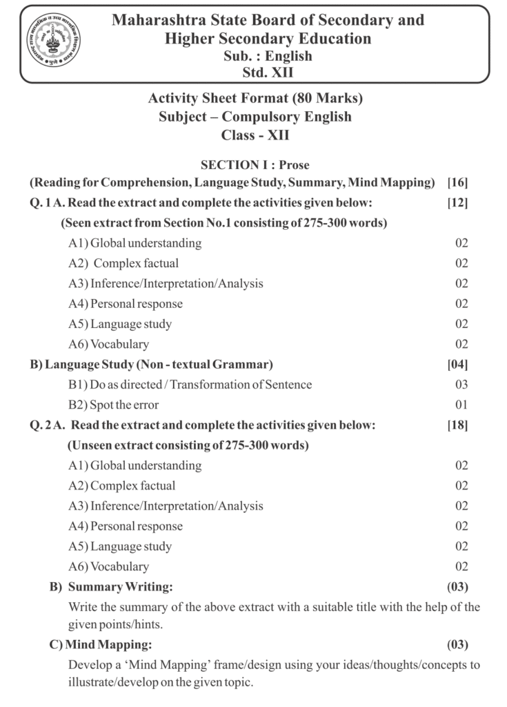 English Paper Pattern Of Class 12 Free Pdf 2024 25 Maharashtra